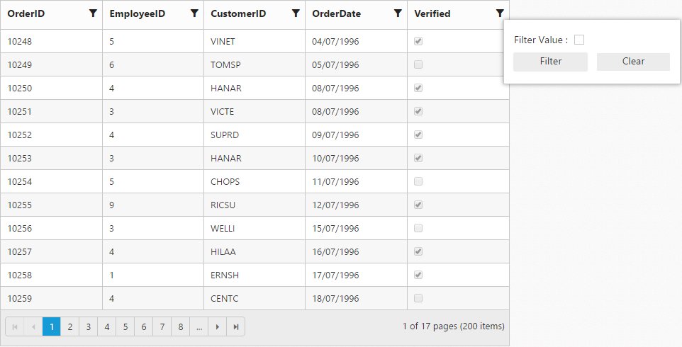 Filtering With Grid Widget For Syncfusion Essential ASP NET