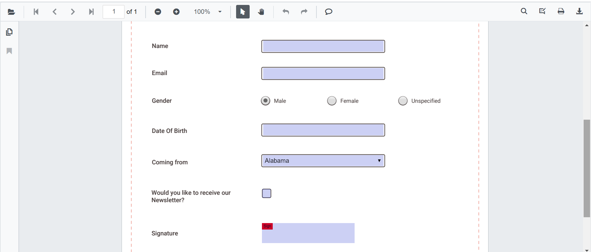 Form filling in Blazor PDF Viewer Component | Syncfusion
