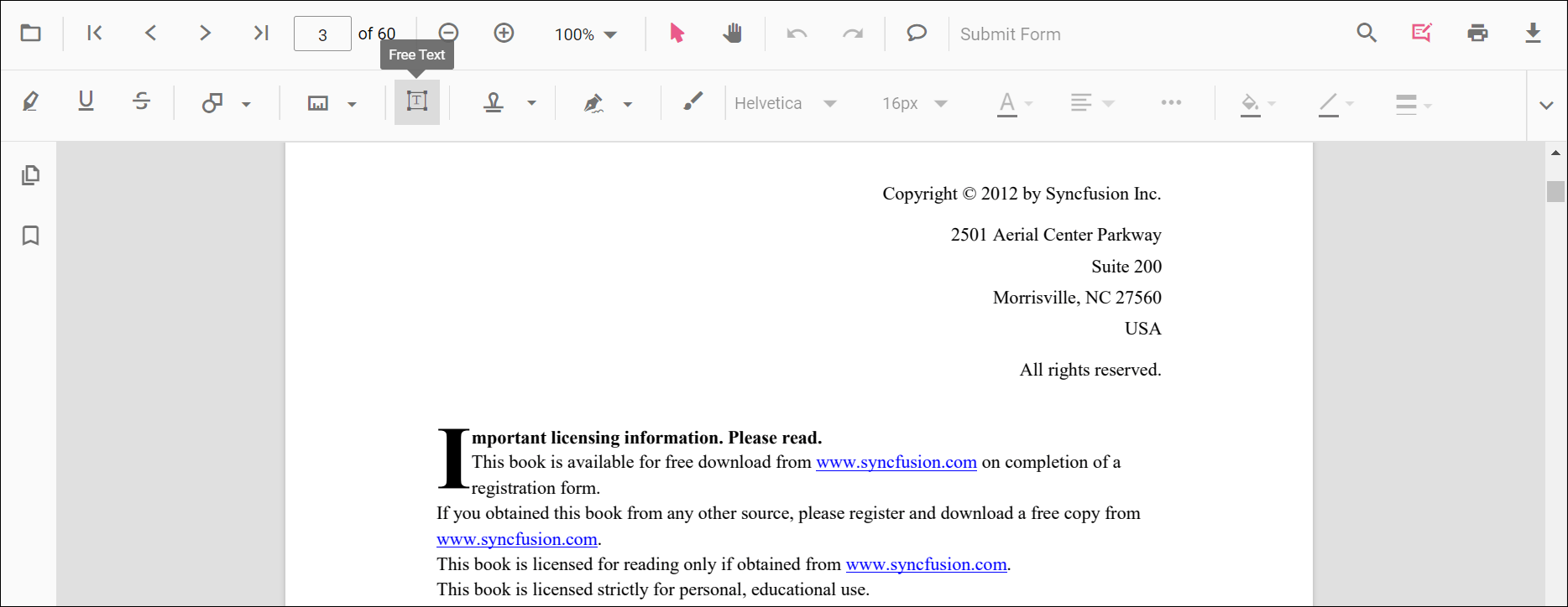Free Text Annotation in EJ2 ASP.NET MVC PDF Viewer | Syncfusion
