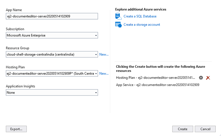 How to publish documenteditor web api application in azure app service from visual studio in ...