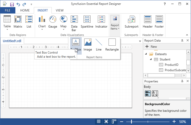 Draw TextBox Report Item | ReportDesigner | wpf | Syncfusion