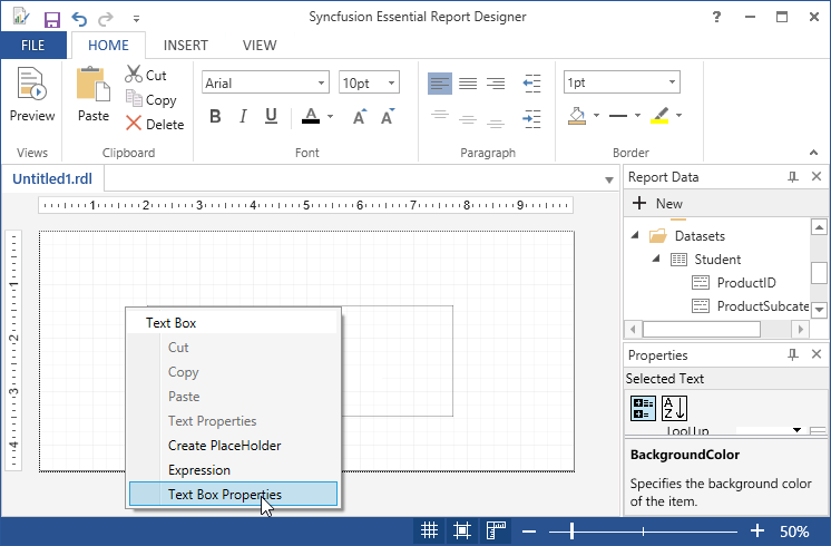 Draw TextBox Report Item | ReportDesigner | wpf | Syncfusion