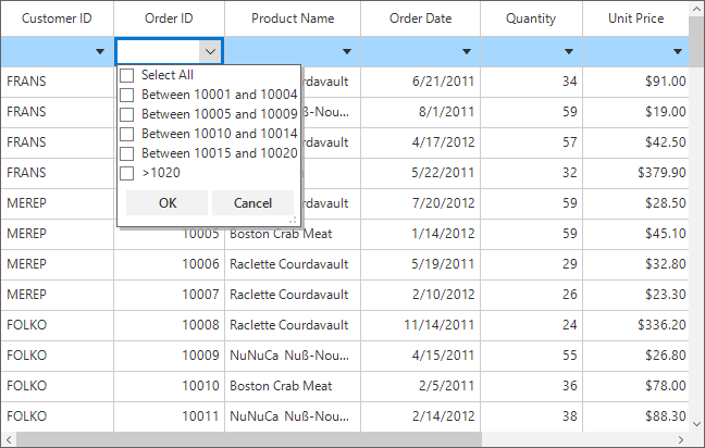 FilterRow | DataGrid Control for Windows Forms | Syncfusion